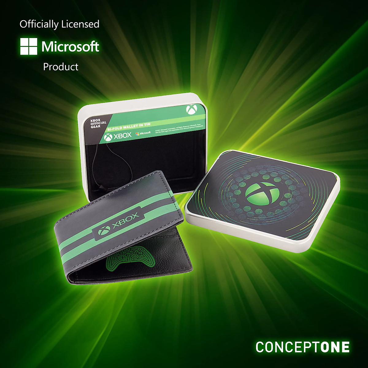 Concept One Microsoft Xbox Bifold Wallet, Slim Wallet with Decorative Tin for Men and Women, Multi