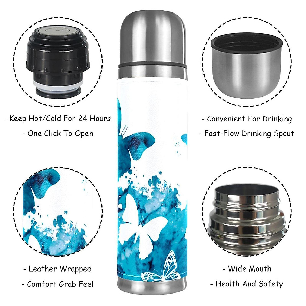 Stainless Steel Leather Vacuum Insulated Mug Blue Butterfly Thermos Water Bottle for Hot and Cold Drinks Kids Adults 16 Oz