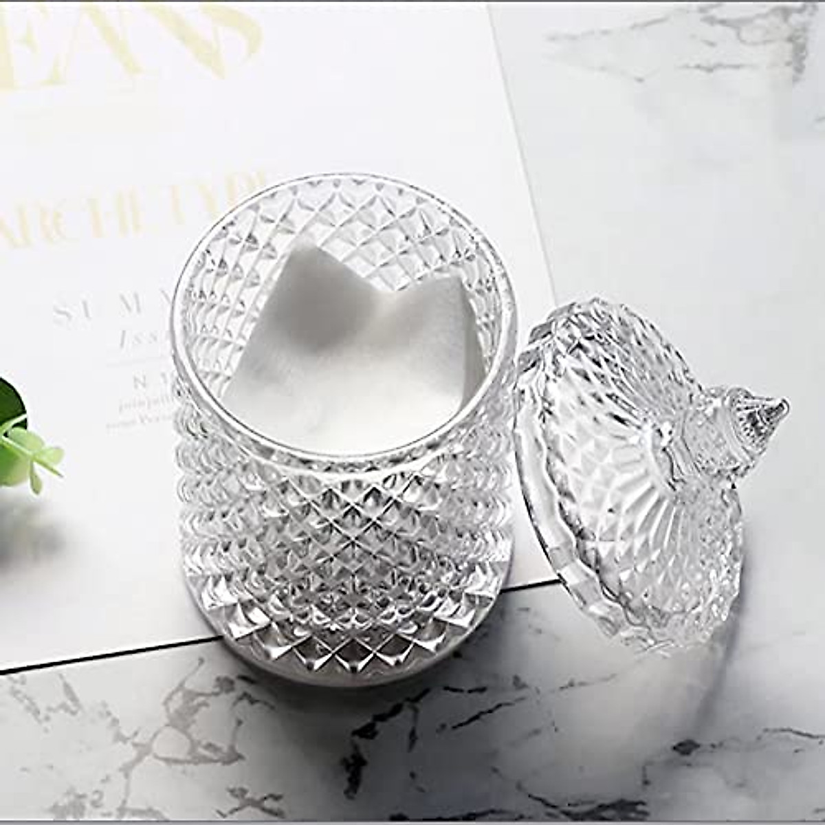 JIEQIJIAJU Glass Qtip Holder with Lid, Decorative Glass Apothecary Jar Crystal Canister Jar Bathroom Vanity Organizer for Q-tips, Cotton Ball & Swab, Cotton Pads, Hair Band, Candy Storage