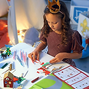 Arteza Kids Christmas Village Kit, 3D Holiday Kit Includes 20 Colorable Cut Out Cardboard Crafts, Glitter Glue, Pom Poms, Markers, Craft Supplies for Family Activities, Winter and Holiday Parties