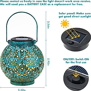 2 Pack Solar Lanterns Outdoor Waterproof, Hanging LED Lanterns on Tree Decor, Decorative Retro Metal Solar Lights Lamp for Table Patio Yard Garden Fence Backyard Porch Pathway Walkway Driveway, (Blue)