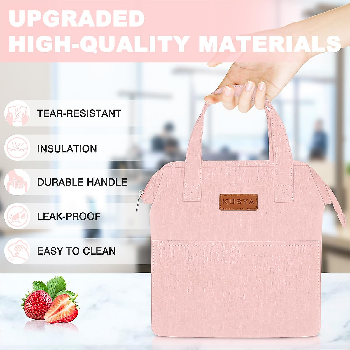 KUBYA Lunch Bag Women, Lunch Box for Women Men Insulated Lunch Bag & 1 Food Storage bag Simple Reusable Lunch Tote Bag for Work, Picnic Beach or Travel (Pink)