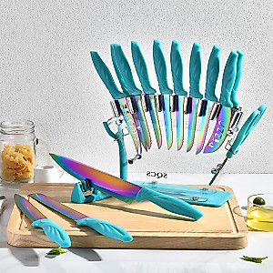 Rainbow Titanium Knife Set 17 PCS Kitchen Knives Set Sharp Cutlery Knife Sets Contain 6 Steak Knives Sharpener Clear Acrylic Stand Nonstick Chef Knife Block Set (Turquoise)