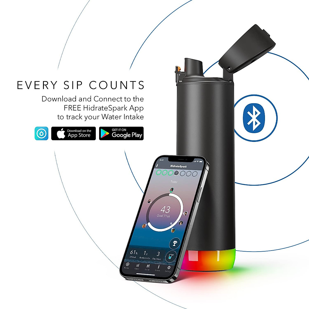 Hidrate Spark PRO Smart Water Bottle – Tracks Water Intake with Bluetooth, LED Glow Reminder When You Need to Drink – Chug Lid, 21oz, Black