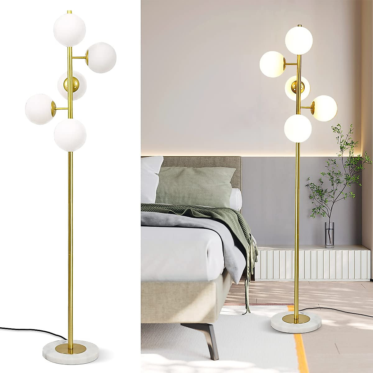 KCO Lighting 5-Light Frosted White Glass Globe Floor Lamp Mid Century Modern Gold Tall Pole Standing Light LED Standing Lamps with Foot Switch for Home Office (Gold)