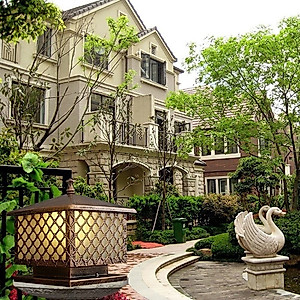 DAKWA European Bronze Post Cap Lights with Striped Glass Shade Column Lantern Rainproof Street Outdoor Lighting for Outside Patio Yard (Size : Width:15.7nch)