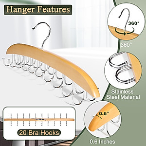 NANATI 2 Pack Bra Hangers for Closet Organizer, Bra Organizer with 40 Stainless Steel Hooks, Wooden Tank Top Hanger, Closet Organizers and Storage for Bras Camis Belts Ties, Natural