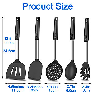 KLAQQED 5Pcs Silicone Spatula Heat Resistant Long Large Spatulas Set for Nonstick Cookware, Rubber Pancake Fish Turner Spatula for Kitchen Use Silicone Spatula Cooking Kitchen Utensils Set Black
