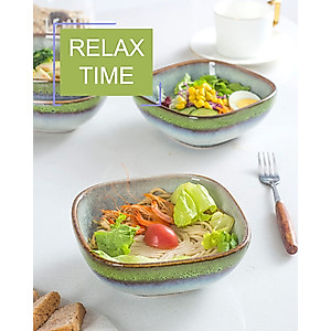 HENXFEN LEAD Ceramic Cereal Bowls, Square Serving Bowls 22 Oz for Side Dish, Appetizers, Salad - Oatmeal, Soup, Fruit Bowls Microwave Oven Safe, Set of 4 - Reactive Green