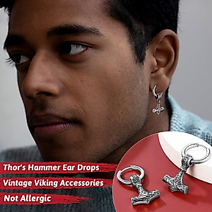 Viking Earrings for Women, Stainless Steel Norse Mythology Thor Hammer Ear Drops for Male Punk Jewelry