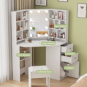 Fameill Corner Makeup Vanity Desk with Lighted Mirror,White Vanity Set with Lights,Large Dressing Tables with Lots Storage for Bedroom,3 Lighting Modes with Adjustable Brightness,46 Inch