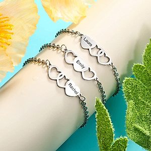 INBLUE 2～3 PCS Personalized Heart Shape Bracelets Set Best Friend Name Customized 1～3 Names for Women Friendship BFF Bracelets for 2～3 Sisters (Silver 3 pcs)