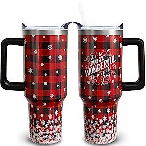 owbgsdh 40 oz Christmas Tumblers with Handle and Straw, Buffalo Snowflakes 40oz Stainless Steel Vacuum Insulated Travel Coffee Mug Cup Water Bottle, Christmas Decor Stuff Accessories Gifts for Women