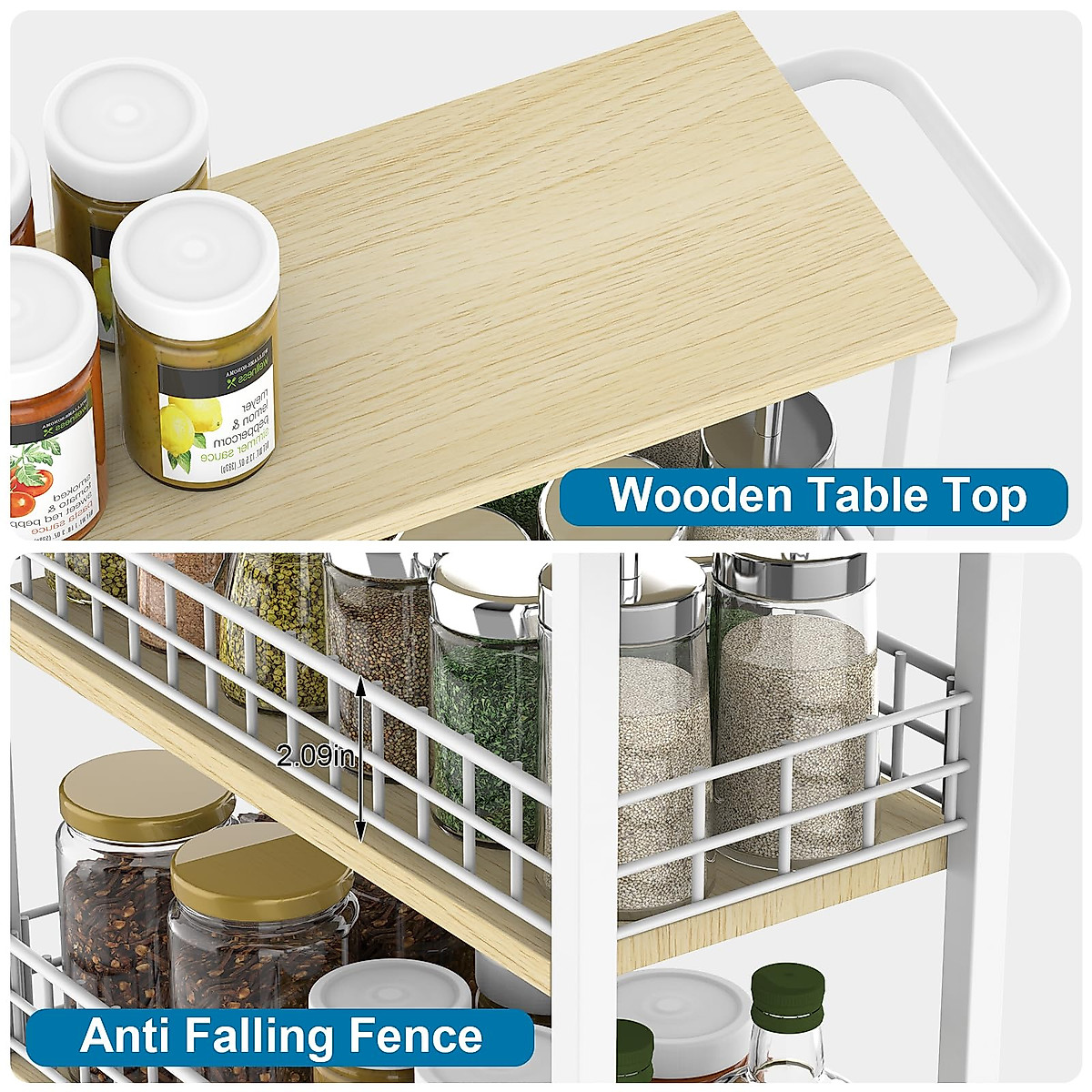 Slim Storage Cart 4-Tier Rolling Kitchen Utility Cart White Narrow Slide Out Laundry Storage Cart on Wheels and Wood Table Top Mobile Shelving Unit Organizer Trolley for Bathroom Small Space 7.3 W