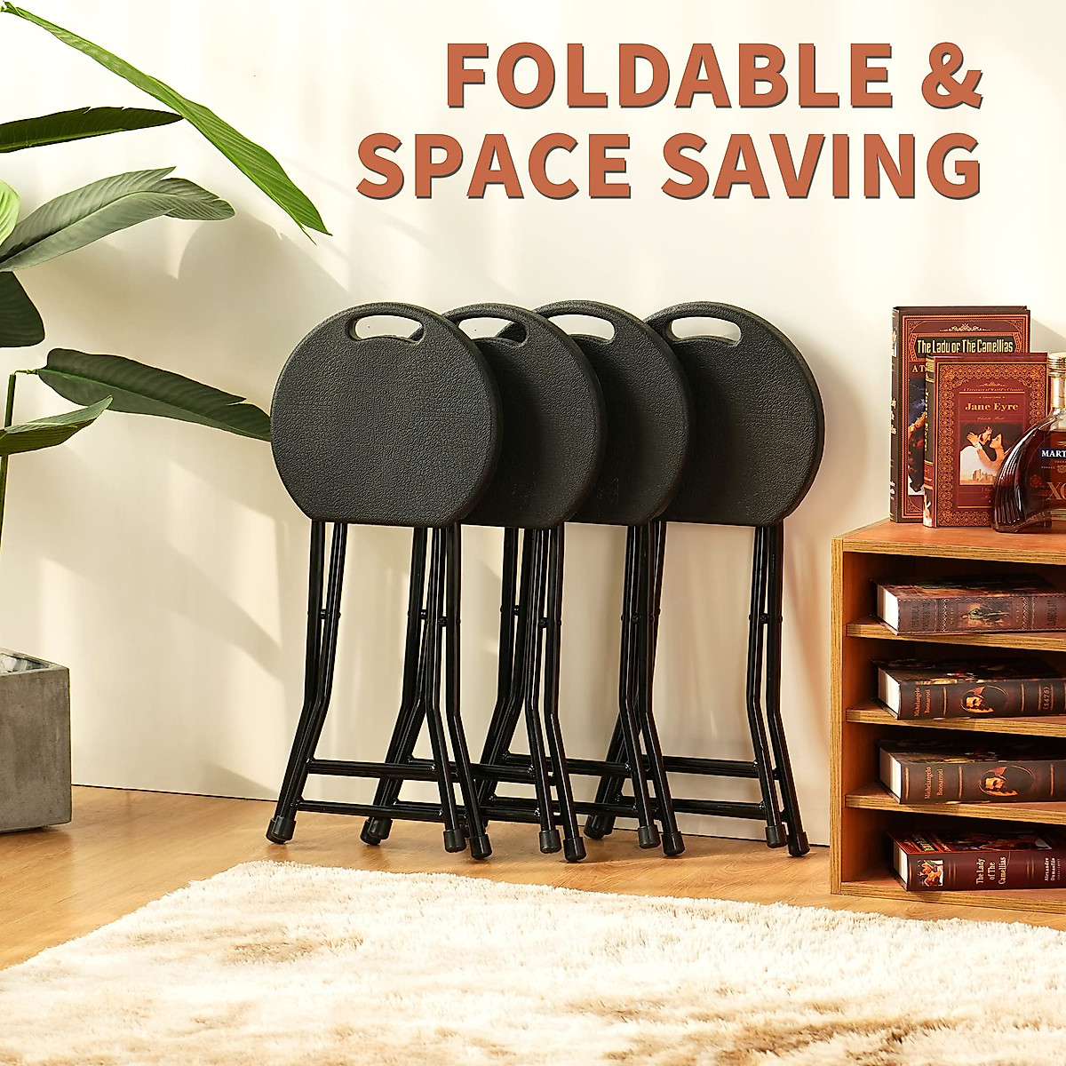 Allpop 2 Pack Folding Stool 18 Inch, Foldable Stool Chair Set of 2, 550lbs Capacity, Portable Round Bar Stool with Handle for Adults Kitchen Garden, Black