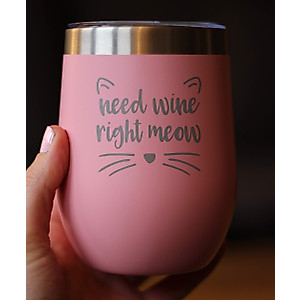 Bevvee Need Wine Right Meow - Cat Wine Tumbler Glass with Sliding Lid - Stemless Stainless Steel Insulated Cup - Funny Cute Gifts - Pink