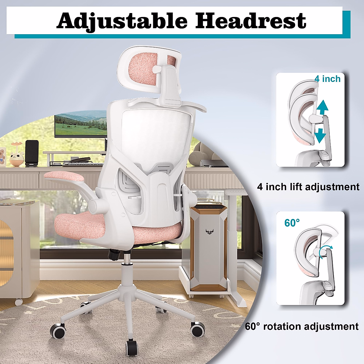 Ergonomic Office Chair, High Back Mesh Desk Chair with Molded Foam Cushion, Adjustable Headrest, Lumbar Support, Lock Function (Petal Pink)