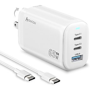 65W USB C Charger 3-Port GaN Fast Charger USB-C Block Acoucou Compact Foldable USB Wall Charger with 5ft Type-C Cable for Laptop, Dell XPS, Phone 15/14/13, tablet, Galaxy S23, Pixel 7, Steam Deck