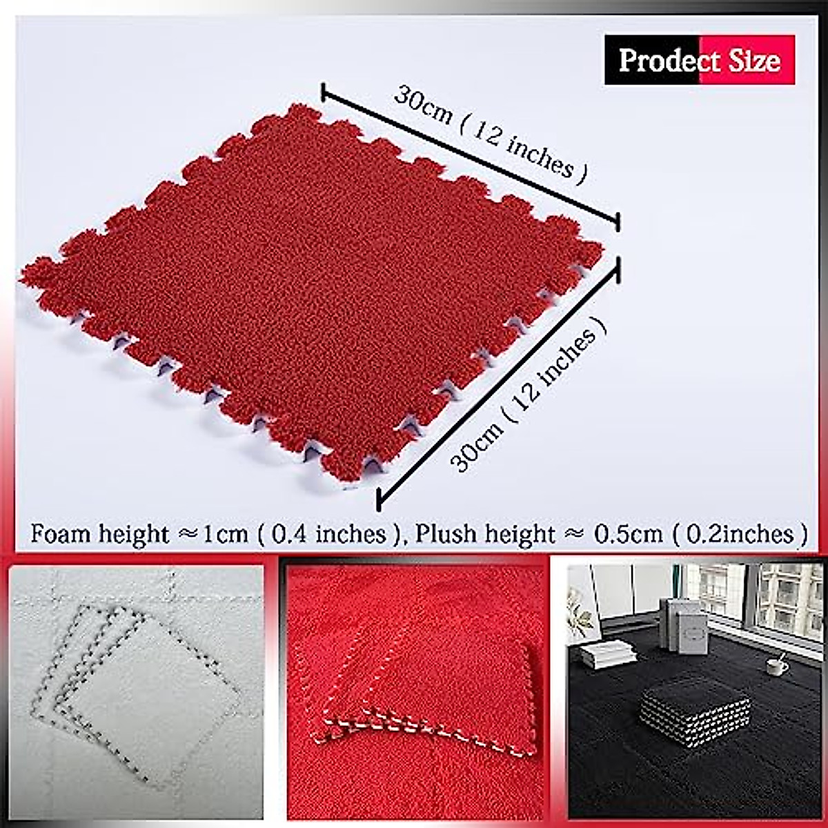 12Pcs Interlocking Carpet Tiles, 12x12inch Soft Foam Floor Mats, Square Puzzle Play Mat for Living Room Bedroom Playroom Decor(Color:White)