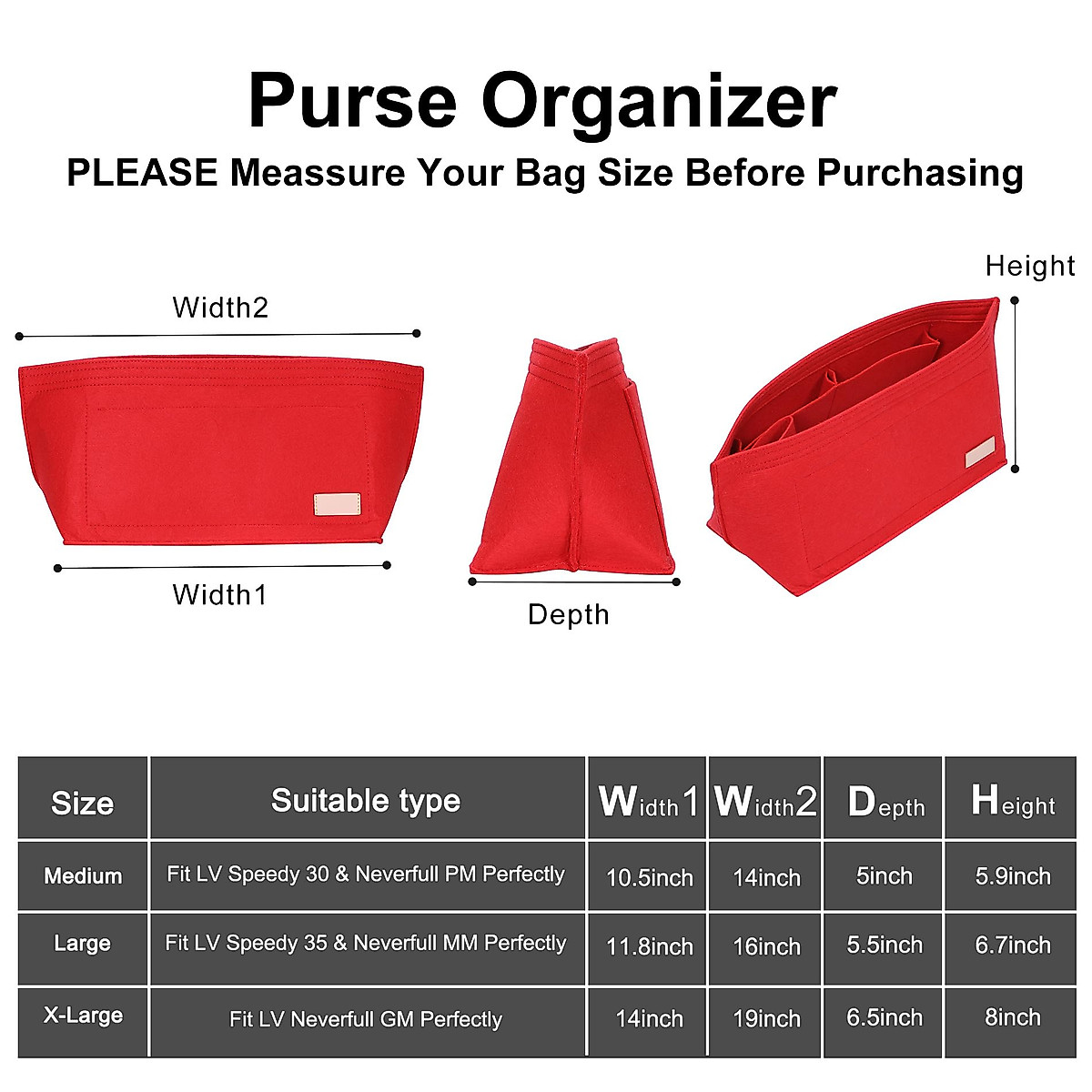 Doxo Purse Organizer Insert for Handbags & Base Shaper 2pc Set,Felt Organizer Insert Large Tote,Bag Organizer with Zipper 7 Sizes,Fit Speedy Neverfull MM/City33 and More(Red-L-Combination)