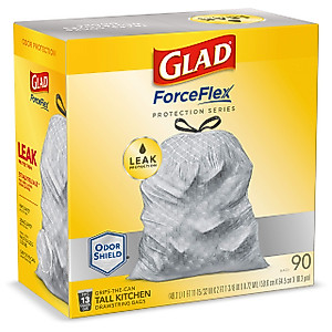 Glad ForceFlex Protection Series Tall Kitchen Trash Bags, 13 Gal, Unscented OdorShield, 90 Ct (Package May Vary)