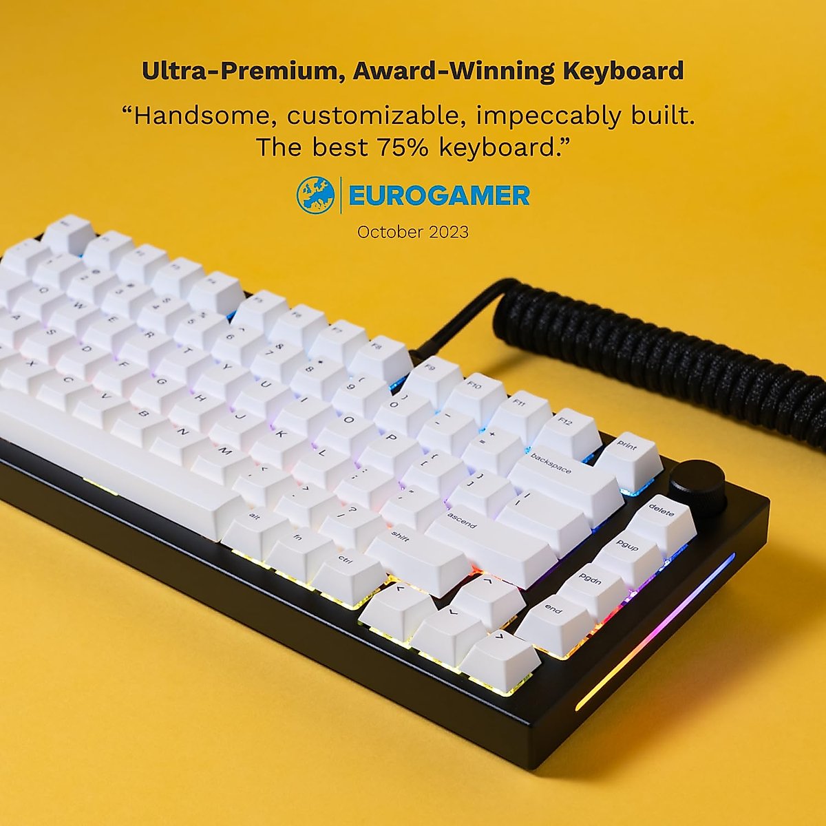 Glorious Gaming GMMK PRO 75% - Modular Mechanical Gaming Keyboard, TKL Size, 1.5kg Frame, Fox Switches, Fully Customizable, Coiled Cable, Wrist Rest, White PBT Keycaps, RGB, QWERTY - Black