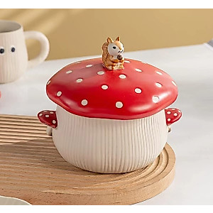 RESVUGA Large Soup Bowl, Double Mushroom Handle & Mushroom Lid - Safety Matt Ceramics 32oz Noodles Bowls, Use for Stew, Salad, Porridge & More.