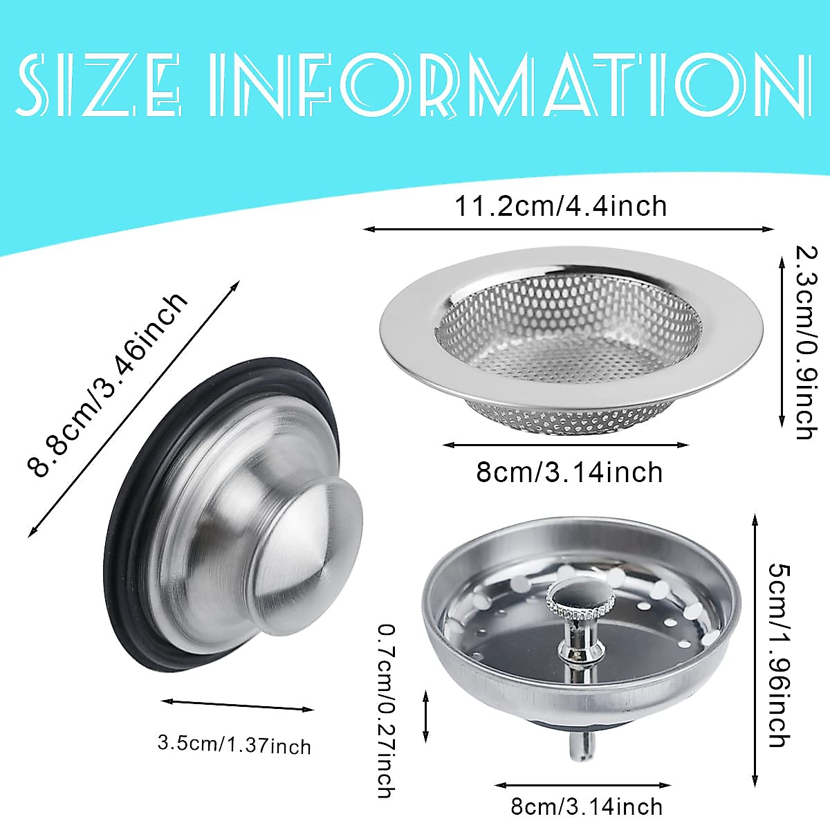 3 Pieces Kitchen Sink Stopper Strainer, 3 in 1 Kitchen Sink Basket Strainer, Universal Anti-Clogging Stainless Steel Sink Disposal Stopper, Perforated Basket Drain Filter Sieve