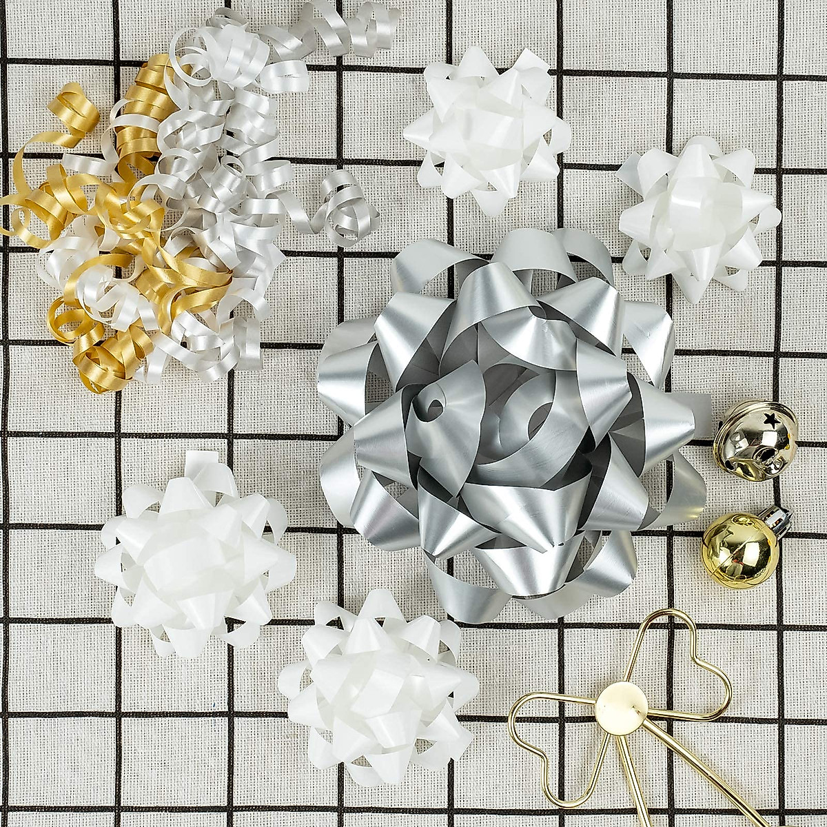 WRAPAHOLIC 40 Pcs Gift Bows Assortment - 28 Assorted Size Gift Bows(Gold&Silver&White), 1 Pull Bow, 2 Tinsel Bows, 2 Fountain Bows, 2 Curly Bows, 4 Curling Ribbons, 1 Cotton Twine