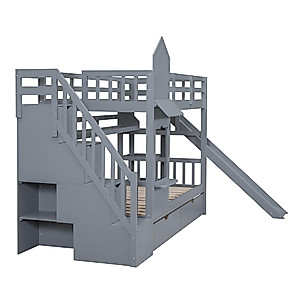 Twin Over Twin Castle Bunk Bed with Slide and Storage Stairs, Wood Playhouse Bunk Beds Frame with Shelves and Drawers, Princess Bunk Bed for Girls Boys Teens, No Box Spring Needed, Gray