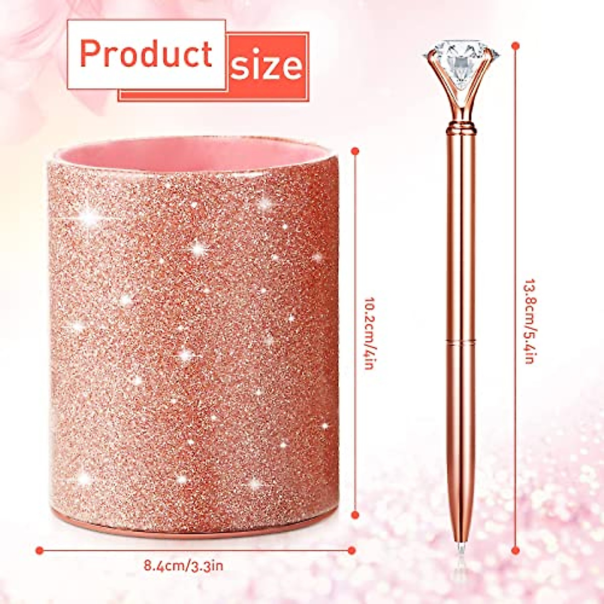 BBTO Rose Gold Pen Holder with 6 Pcs Bling Diamond Pens, Pencil Cups for Desk Glitter Bling Desk Organizer Makeup Brush Holder for Women Girls Classroom Offices Home, Rose Gold