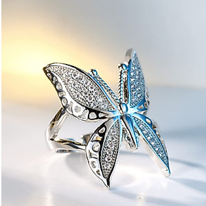 Awmnjtmgpw 925 Sterling Silver Shiny Butterfly Engagement Diamond Ring Foldable True Love Eternal Wedding Ring with Adjustable Opening