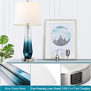 Modern Table Lamps Set of 2, 28" Teal Tall Lamp with USB C+A, Blue Glass Lamp Coastal Lamps with Linen Shade, Nightstand Bedside Lamps for Living Room End Table Buffet Lamps