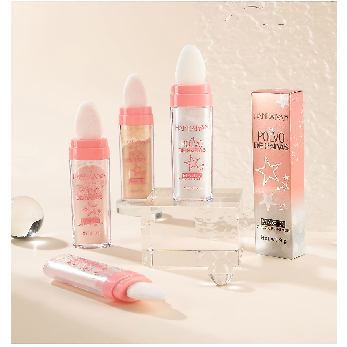 AKARY Body Glitter, Fairy Polvo De Hadas Shimmer Face Highlighter Powder & Blush Stick, Instant Glow Luminizer Duo, Glitter Face Hair High Gloss, Sparkle Smudge-Proof Highlighter Stick Party Makeup (#01 White Moonbeam)