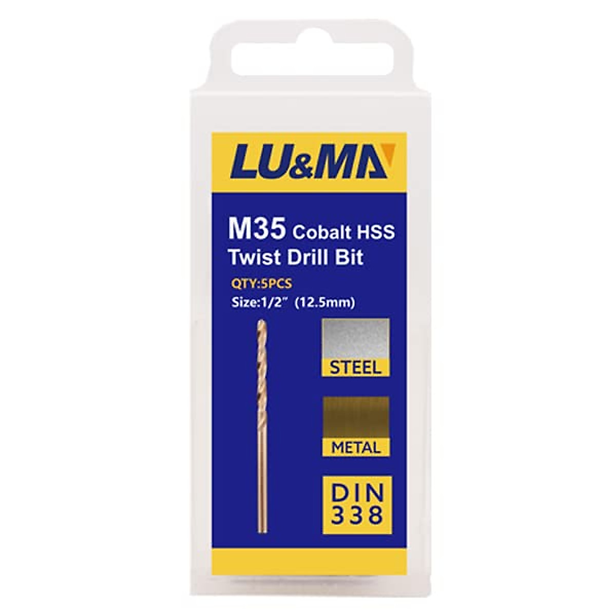 1/2" M35 Cobalt HSS Jobber Length Twist Drill Bit with Straight Shank,Heavy Duty, Pack of 5 PCS, Drilling for Cast Iron, Heat-Treated Steel, Stainless Steel and Other Hard Materials