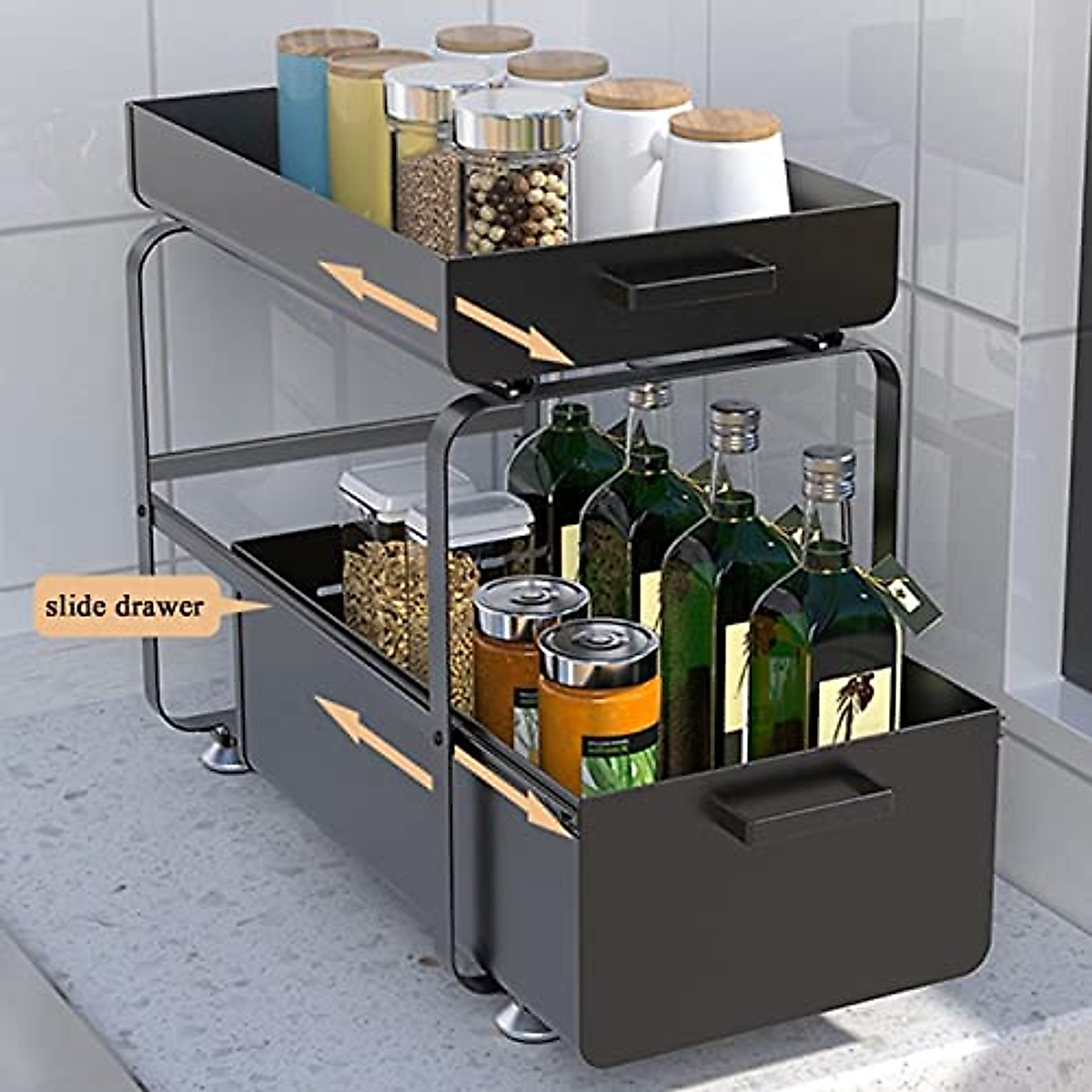 HytTer Sinks Under Sink Organizers,Kitchen Cabinet Organization,2 Tier Cabinet Shelf and Bathroom Organizer Rack for Kitchen Spices Cleaning Supplies Cosmetics/Black