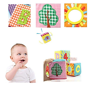ORAPOH My First Baby Soft Rattle Blocks Infant Early Education Toys, Velvet Cloth Foam Grab and Stack Building Blocks Toy with Safety Mirror for 0-36 Month