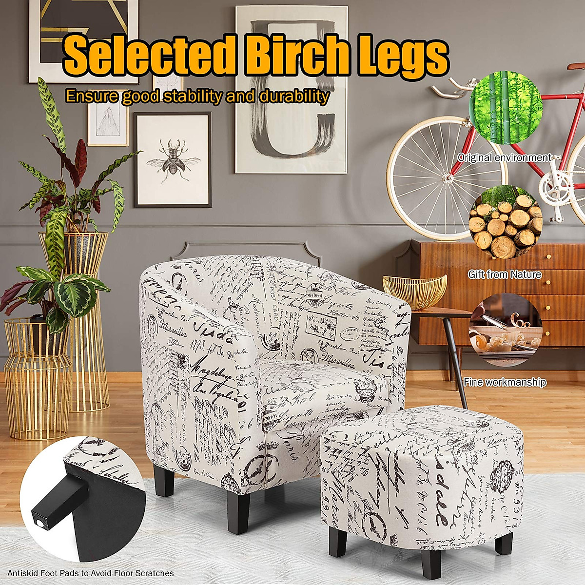 Giantex Modern Accent Chair with Ottoman, Upholstered Barrel Tub Chair and Footrest Set, Linen Fabric Club Arm Chair w/Solid Wood Legs, Ideal for Living Room, Bedroom, Garret