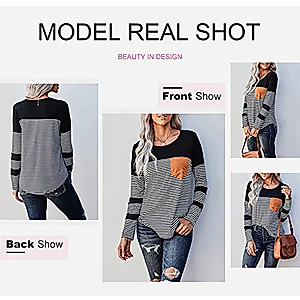 Diukia Women's Pinstripe Patch Pocket Long Sleeve Tops Stripe Color Block Lightweight Pullover Shirt for Girls Teens Junior Ladies Black L