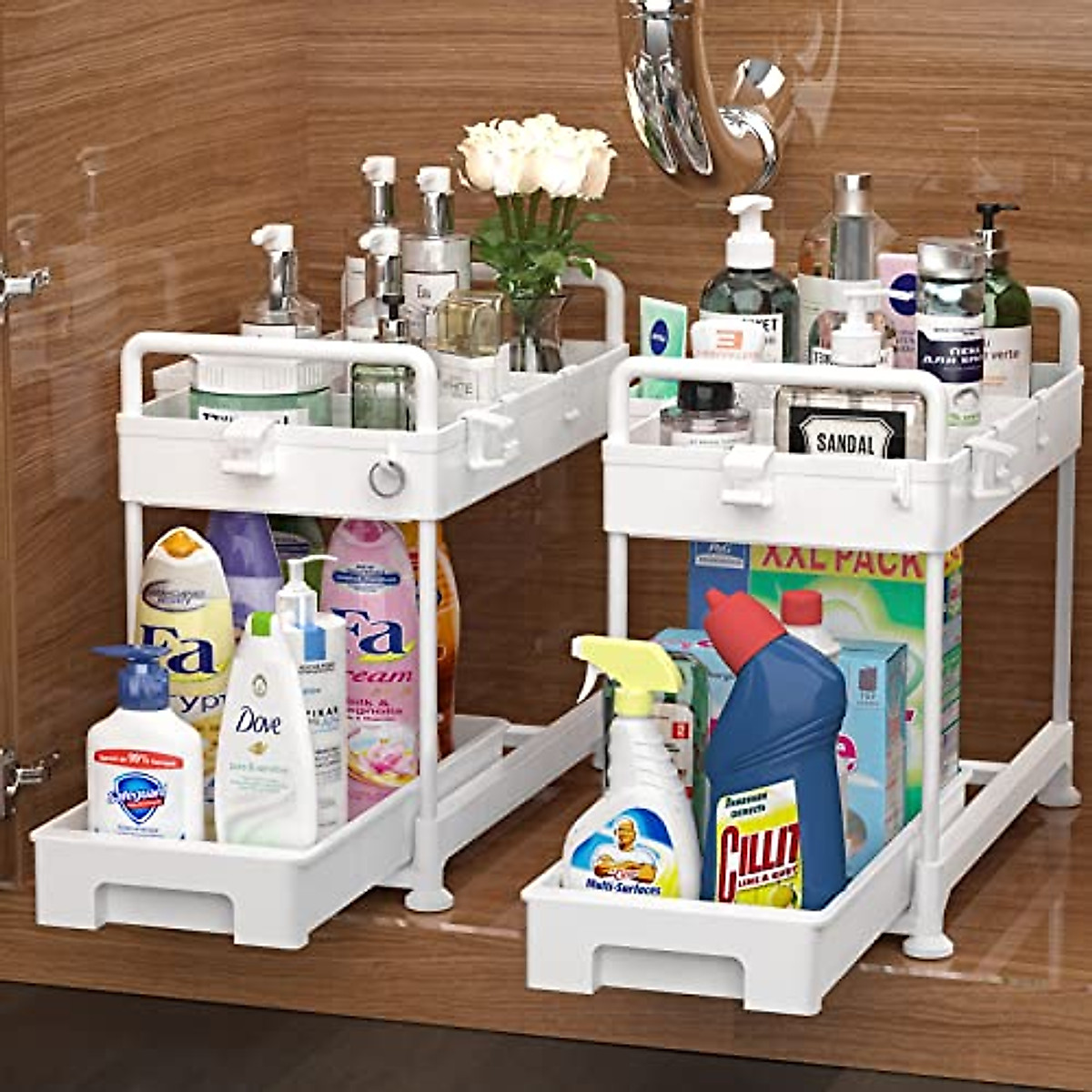 SOLEJAZZ 2-Tier Under Sink Organizer, Sliding Under Bathroom Cabinet Storage Drawer Organizer with Hooks, Hanging Cup, Dividers, Handles, Multi-purpose Under Sink Shelf Organizer, White, 2 Pack