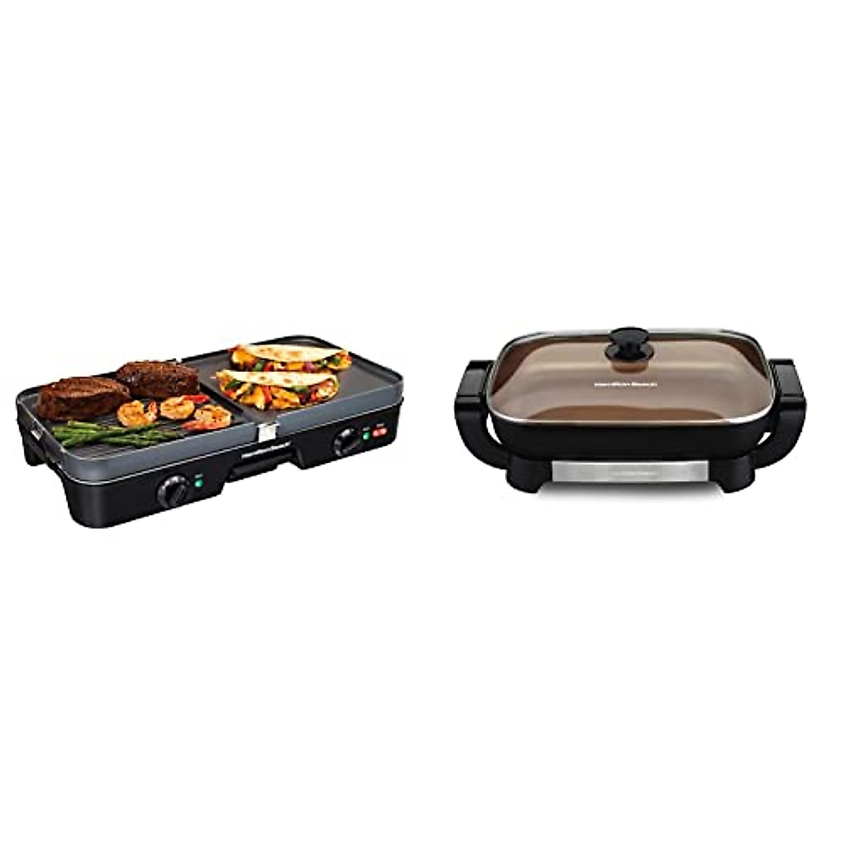 Hamilton Beach 3-in-1 Electric Indoor Grill + Griddle, 8-Serving, Reversible Nonstick Plates, Black & Durathon Ceramic Electric Skillet with Removable 12x15” Pan, Adjustable Temperature