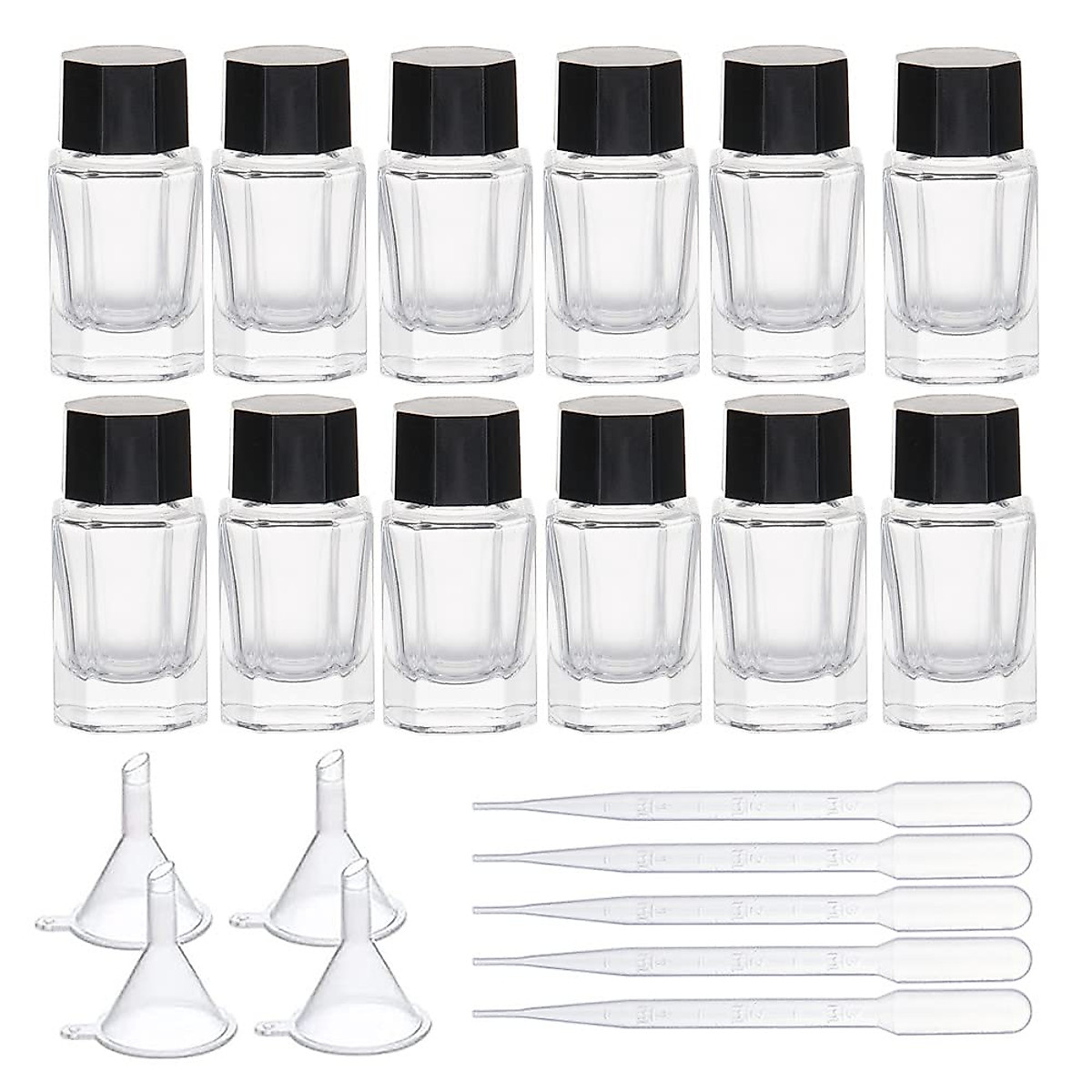 BENECREAT 12Pcs 15ml Heavy Duty Glass Inkwell Jars with Black ABS Plastic Caps, 6Pcs Plastic Droppers, 4Pcs Plastic Funnels for Ink Liquid