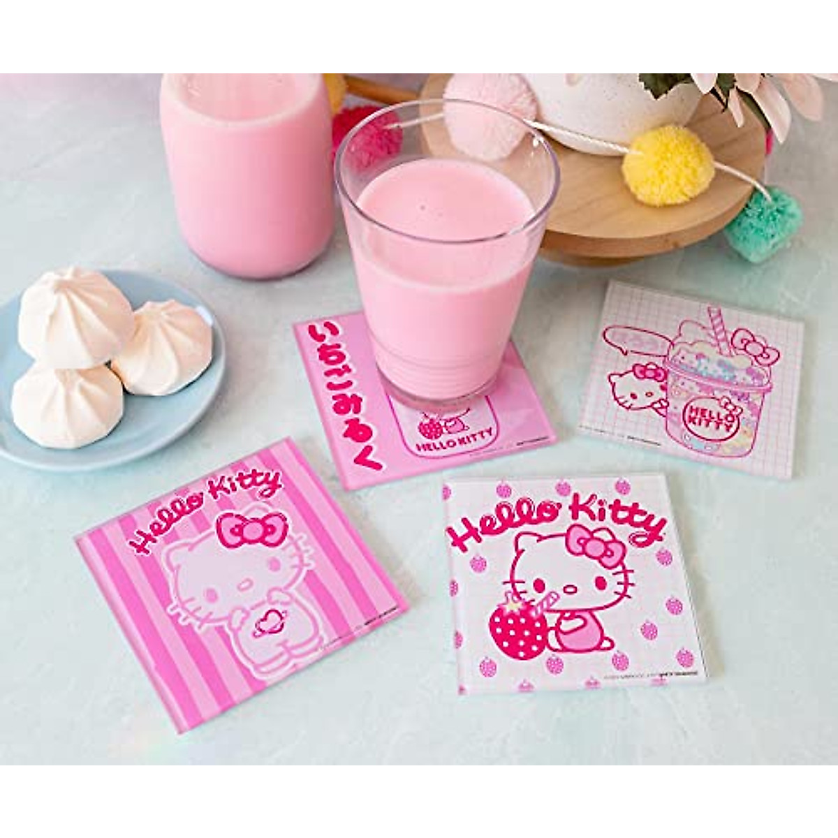 Sanrio Hello Kitty Strawberry Milk Glass Coasters for Drinks, Set of 4 | Tabletop Protection For Home Kitchen, Dining Room Table