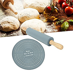 Non Stick Rolling Pin and Silicone Baking Mat, Round Non Stick Pastry Mat, Non stick Silicone Dough Rollers Set with Measurements Kneading Pastry Mat,Rolling Pin Pastry Baking Mat,Baking Tool(Grey)