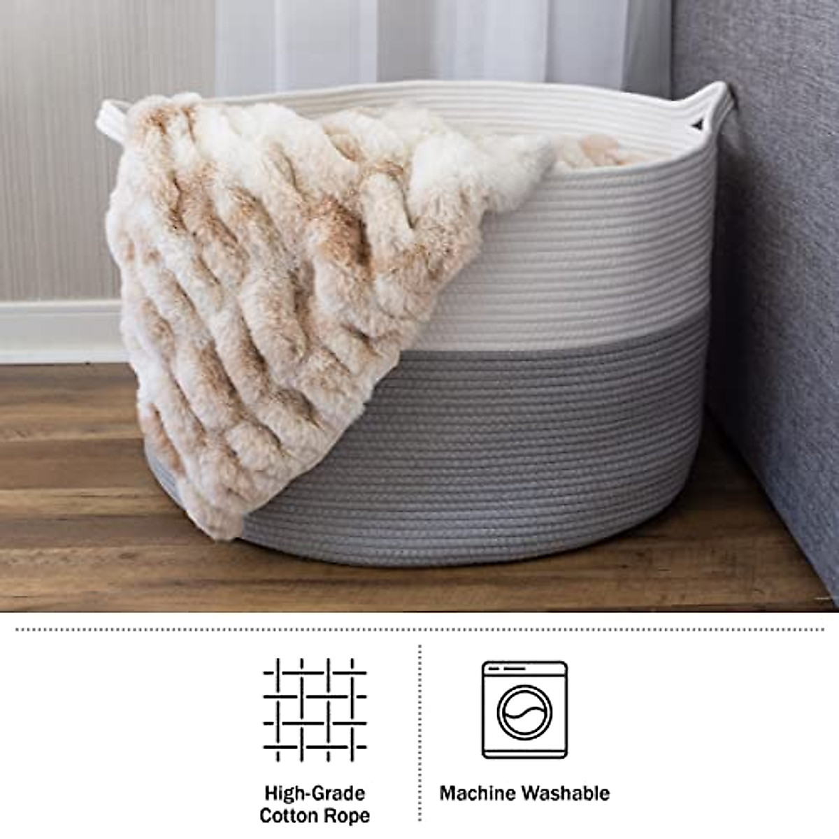 Extra-Large Basket - Cotton Rope Basket with Handles for Laundry, Blanket, Pillow, and Toy Storage - Baskets for Organizing by Home-Complete (Gray)