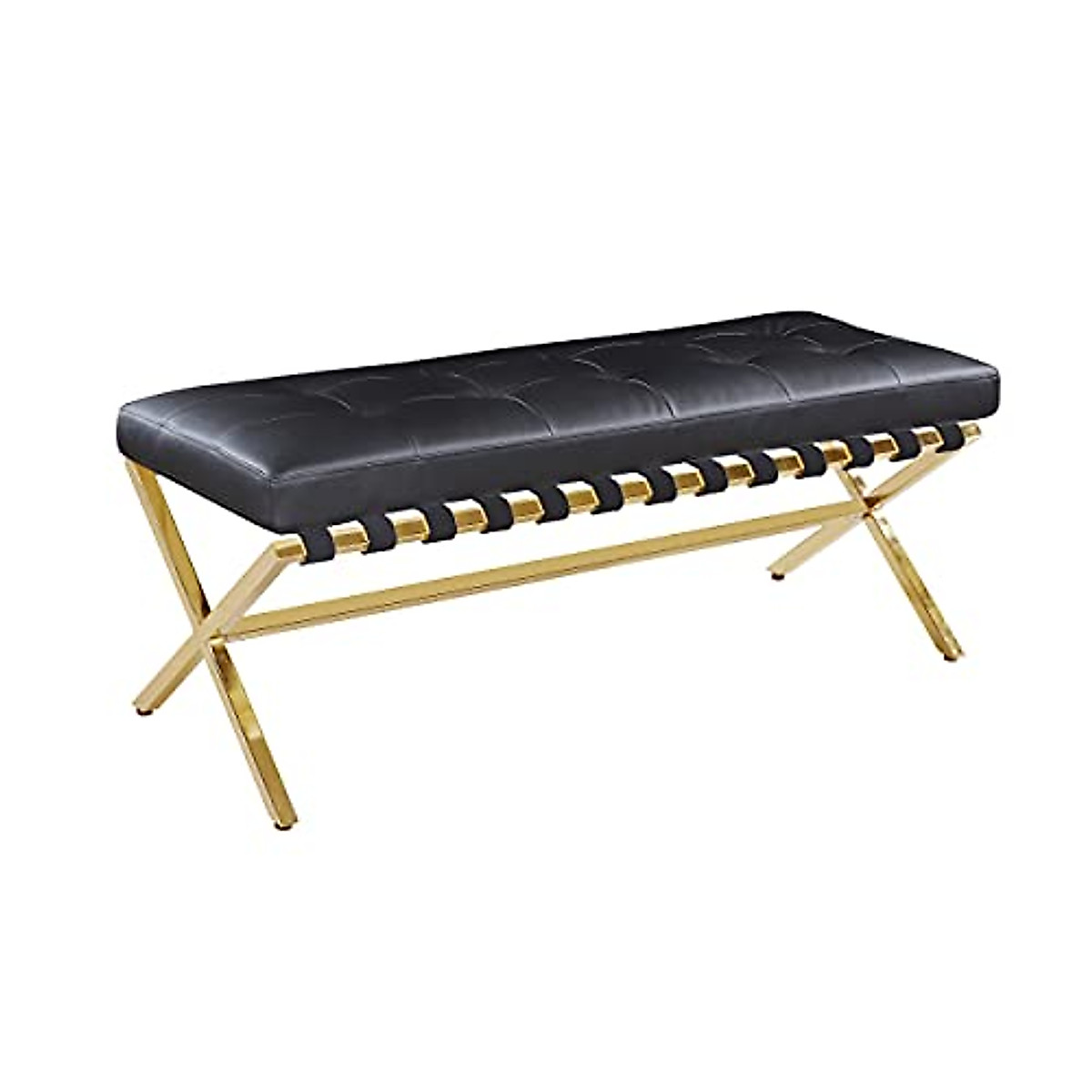 Iconic Home Claudio PU Leather Modern Contemporary Tufted Seating Goldtone Metal Leg Bench, Black