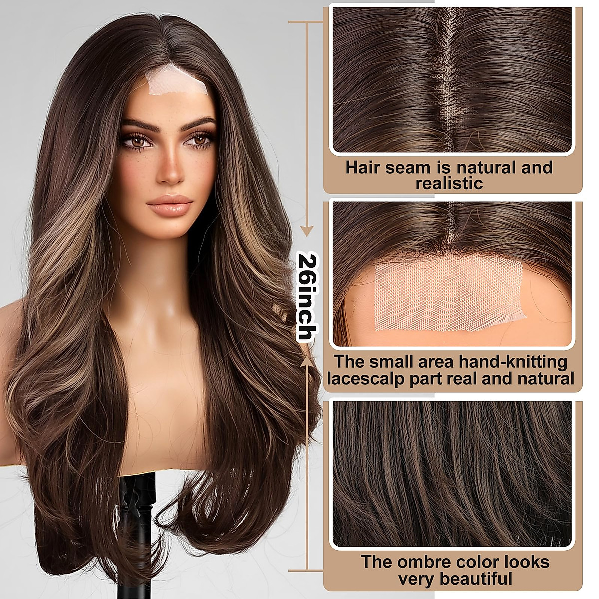 KOME Long Brown Highlight Wavy Wig for Women,Middle Part Curly Wavy Wig, Natural Looking Synthetic Heat Resistant Fiber Wig for Daily Party Use 26IN