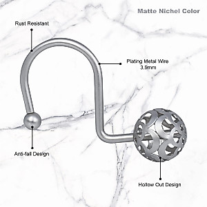 Gracelife 12Pcs Hollow Ball Shower Curtain Hooks Luxury Quality Rustproof Stainless Steel Shower Curtain Rings Hooks for Bathroom Rod (Nickel)