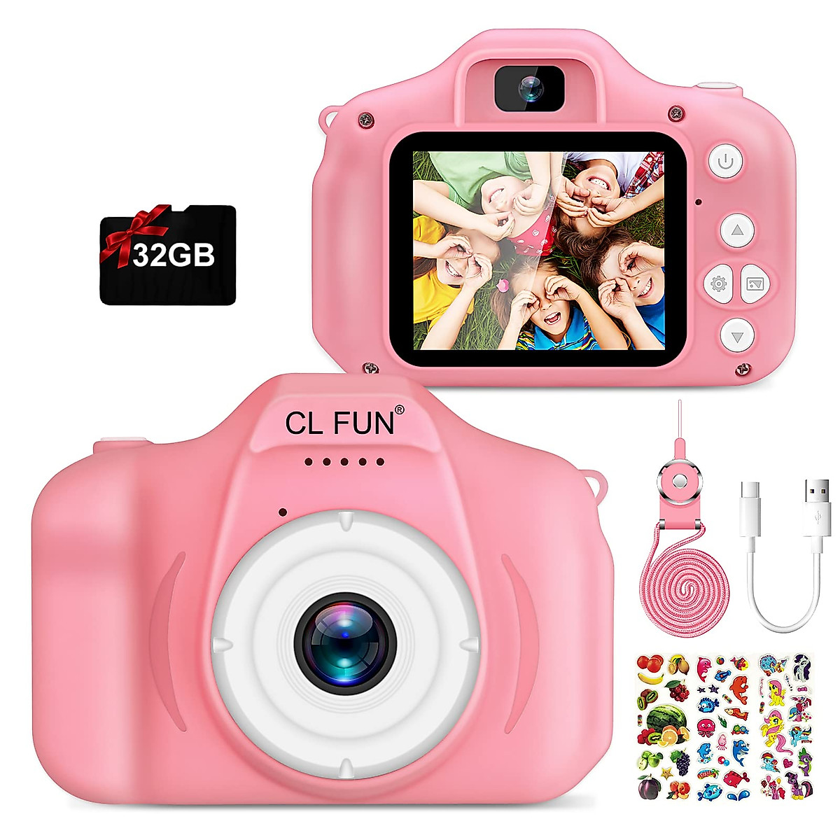 CL FUN Kids' Camera - HD Digital Video Camera for Girls & Boys Age 3-12, Portable Selfie Toy with 32GB Card - Perfect for Christmas & Birthday Gifts (Pink)