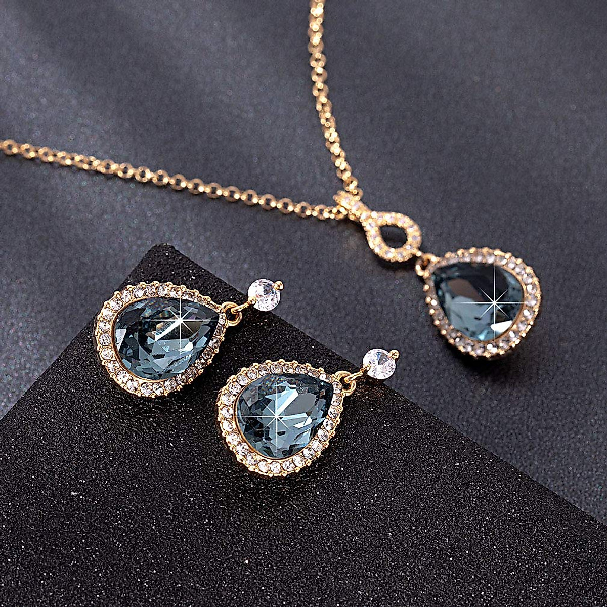 EVEVIC Austrian Crystals Teardrop Pendant Necklace Earrings for Women 14K Gold Plated Hypoallergenic Jewelry Set (Dark Blue)